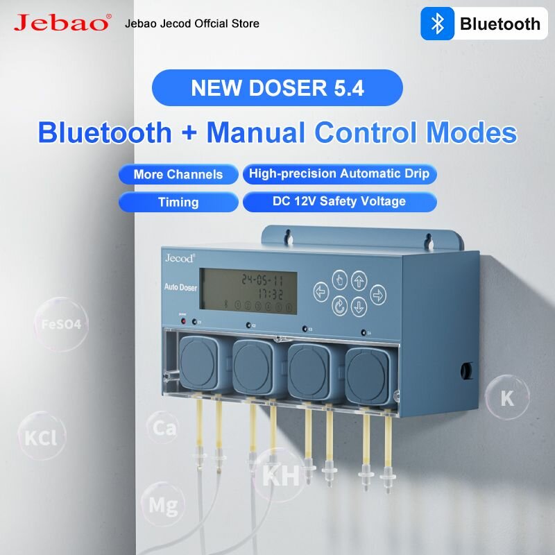 Jebao Jecod DOSER-5.4, насос-дозатор для аквариумов, можно управлять им с помощью подключения Bluetooth к приложению и кнопками, предназначен для инelligentного добавления питательных веществ.