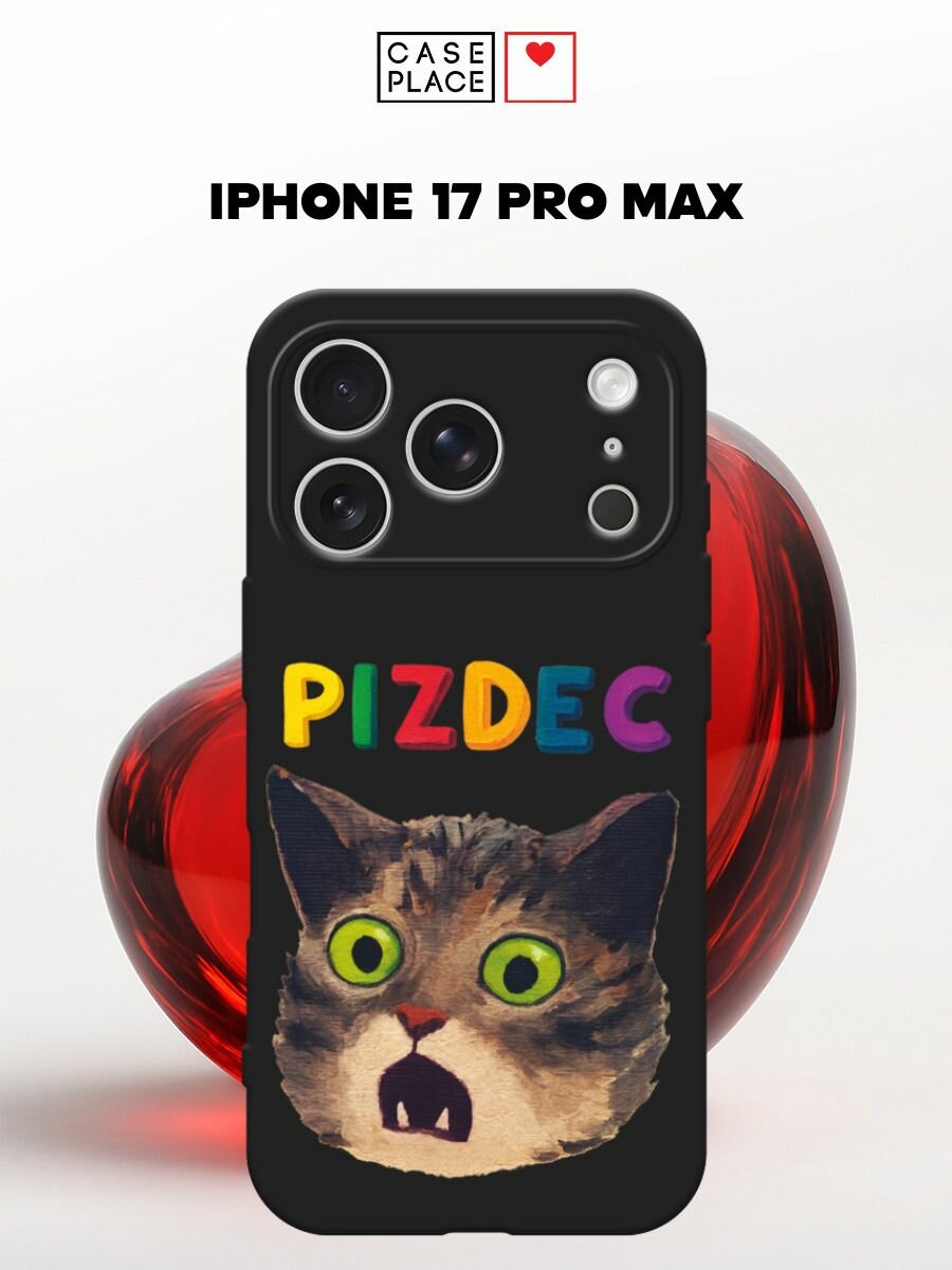 Черный матовый чехол на Apple iPhone 17 Pro Max / Айфон 17 Про Макс с принтом Испуганный котик с надписью