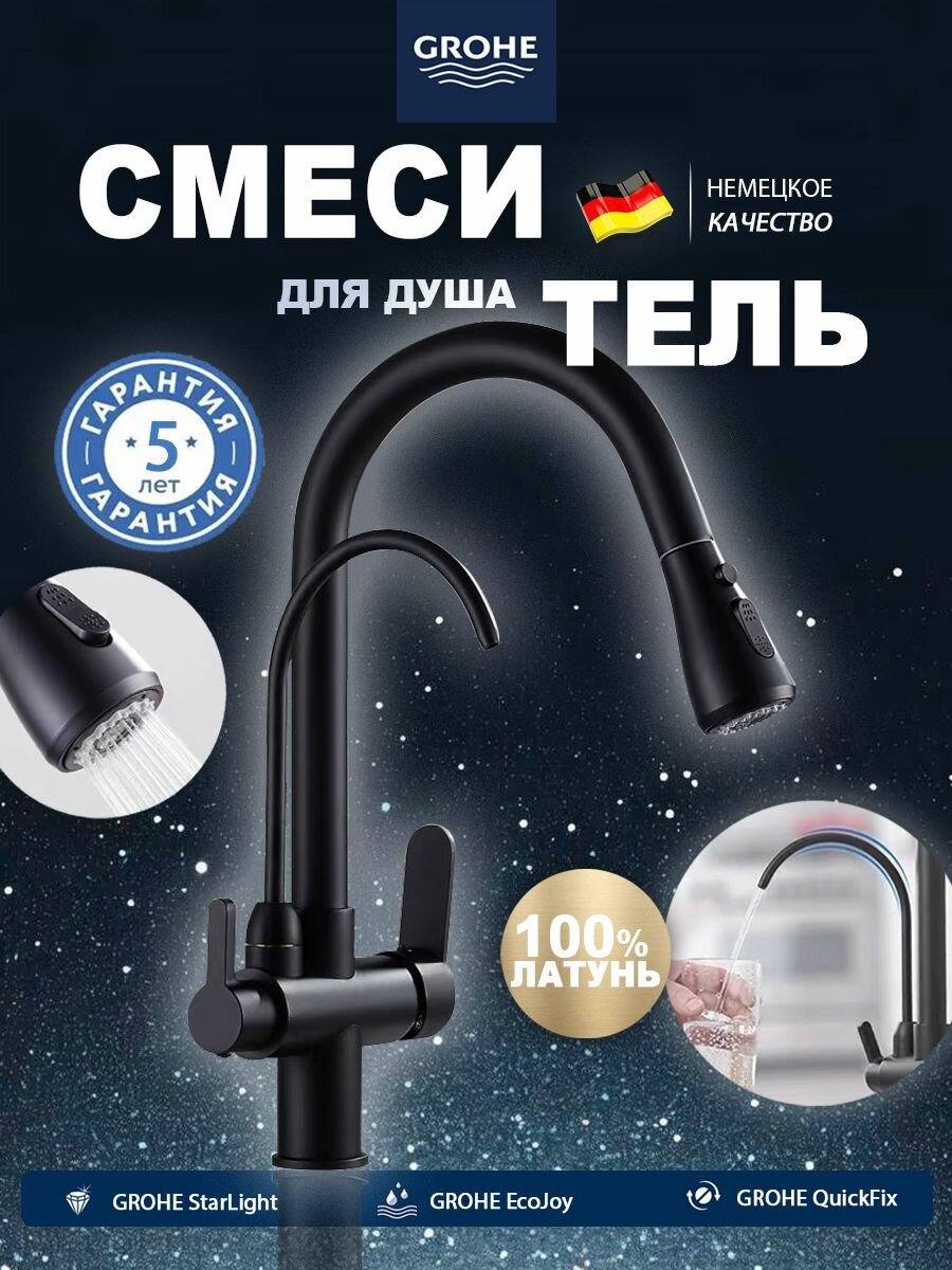 GROHE Смеситель для кухни с выдвижным гибким изливом кран чёрный