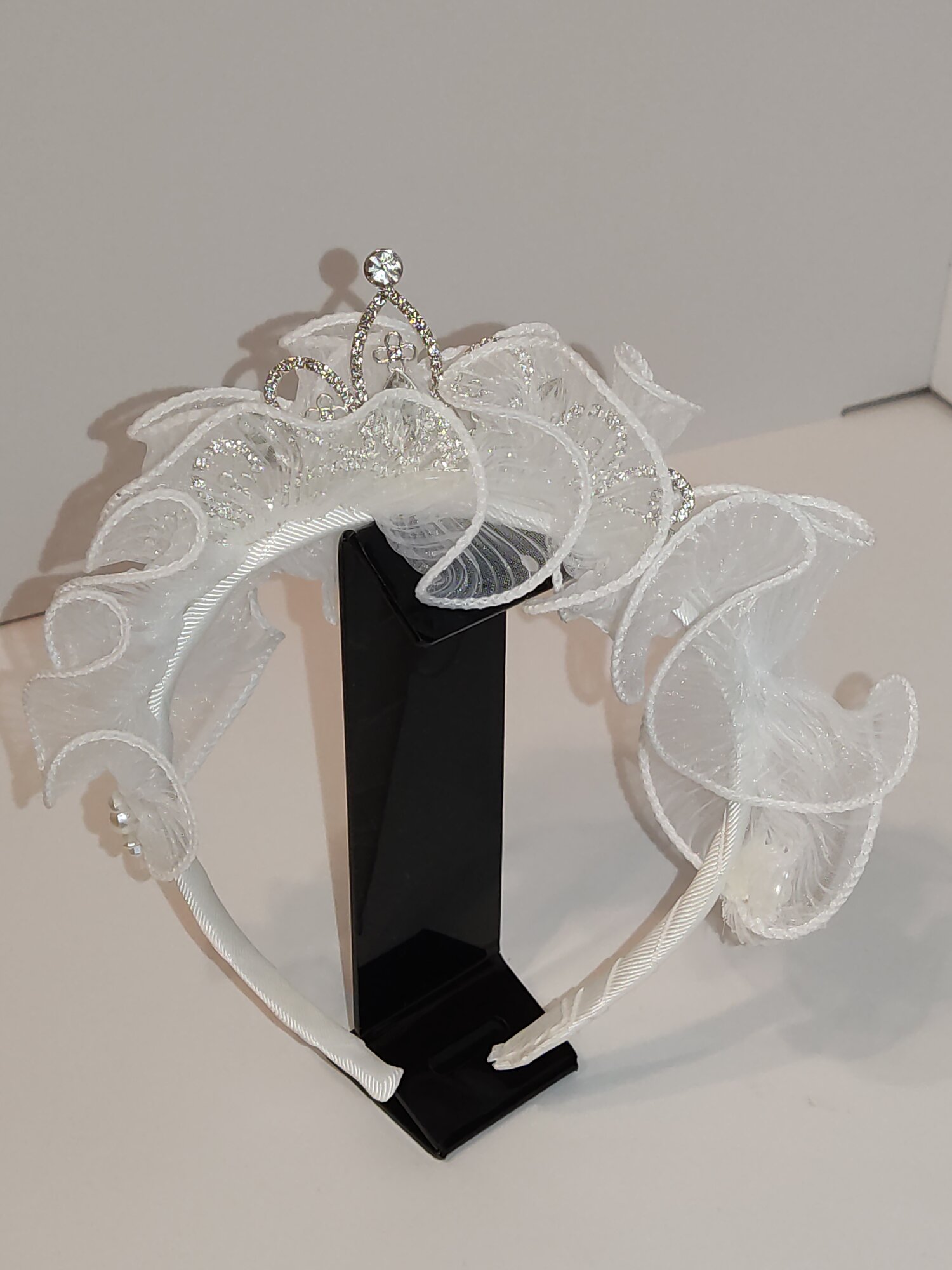 Ободок для волос "Корона", органза, стразы, металл, белый