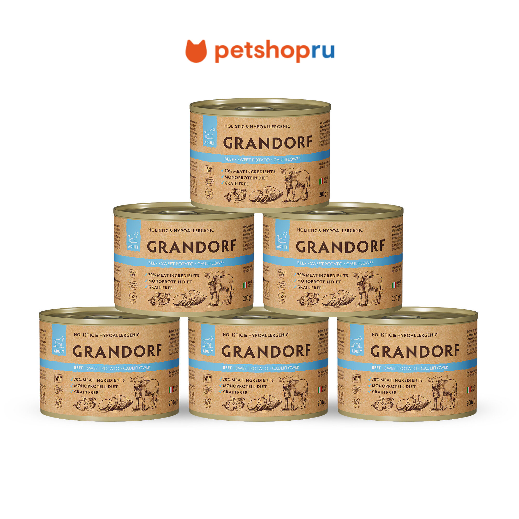 Grandorf Консервы для собак Паштет из говядины с бататом и цветной капустой, влажный корм, набор 6шт х 200г