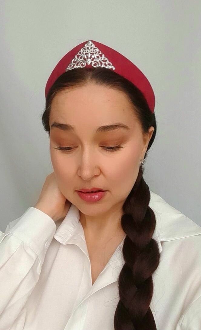 Ободок-Кокошник "Бордовый", вечерний, праздничный, ручной работы, металл, пластик, трикотаж