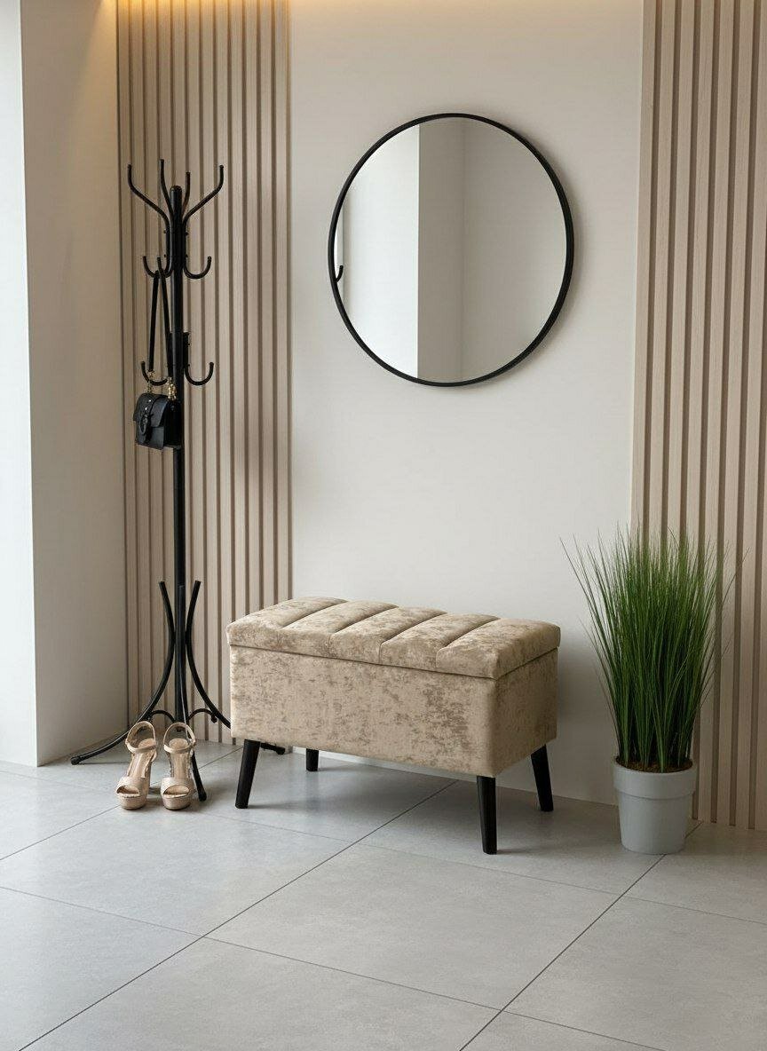 Банкетка сундук с ящиком для хранения с мягким сидением, капучино бежевый велюр, в коридор, прихожую, спальню, 70х36х48