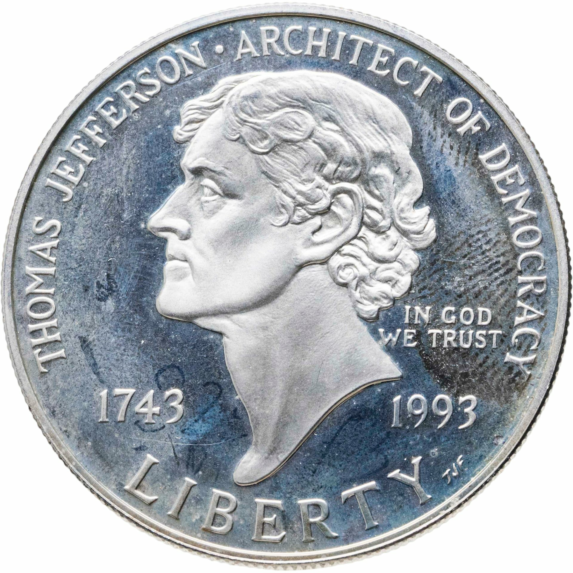 США 1 доллар dollar 1993 S "250 лет со дня рождения Томаса Джефферсона", Серебро 900, в сохранности Proof