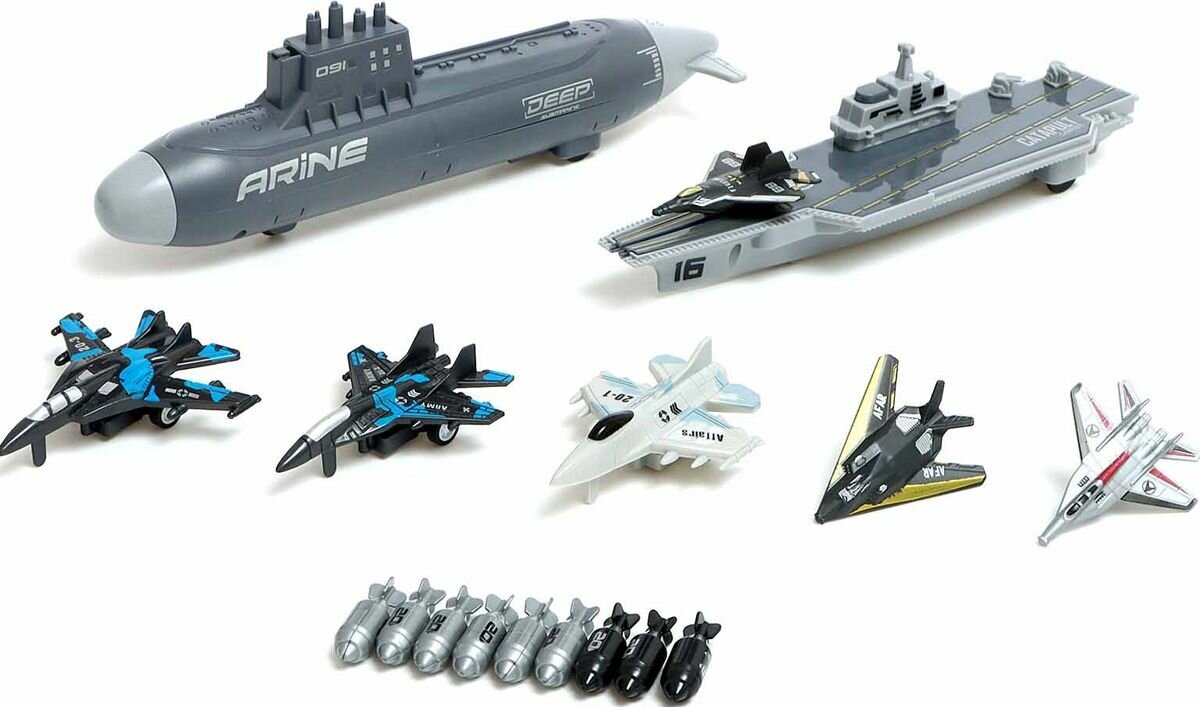 Игровой детский набор "Ударная группа", игрушечный транспорт с подвижными элементами, комплект: подводная лодка, станция, самолеты и ракеты