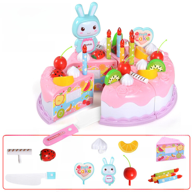 Игровой набор для детей Нарезка и игра в домик с днем рождения торт Фруктовый торт Нарезка и наблюдение Креативная сборка игрушек [EXPRESS box] Вишневый пудровый-37 детальный набор 214г