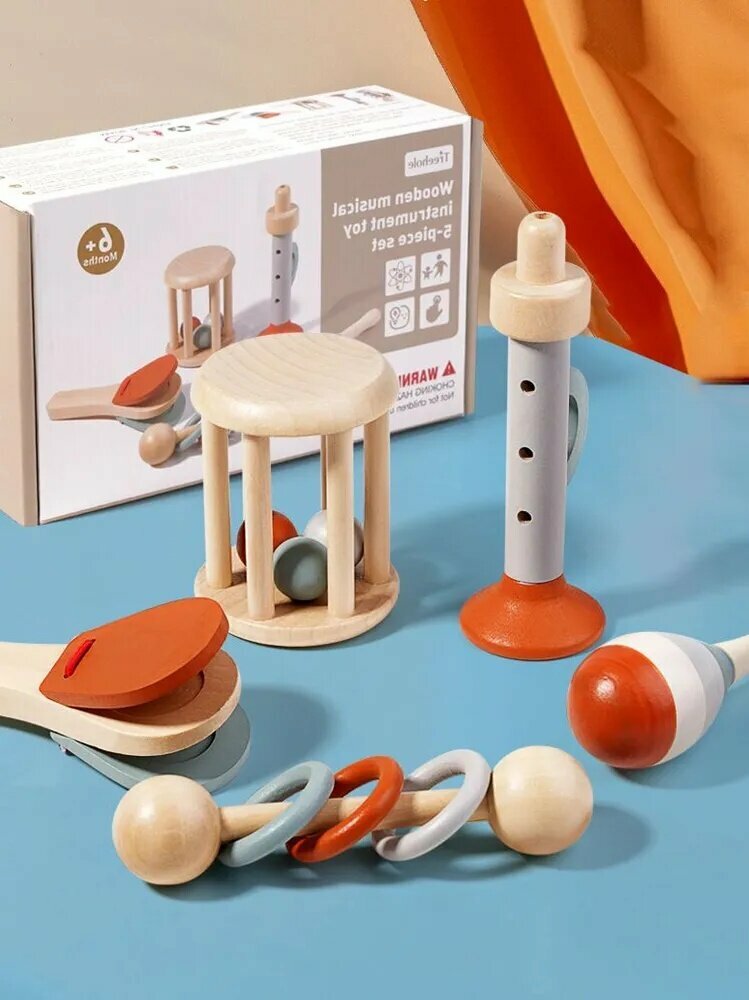 Набор детских музыкальных инструментов, экологичный, деревянный, 5 предметов (барабан кастаньеты маракас макарон дудочка)