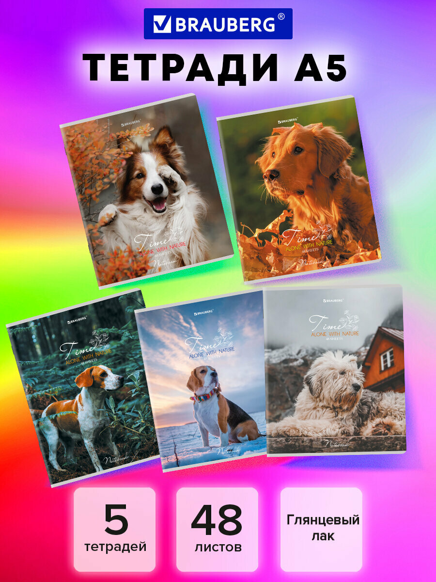 Тетрадь 48 листов в клетку А5 Комплект 5 штук Brauberg, скоба, клетка, глянцевый лак, Multicolor 404676