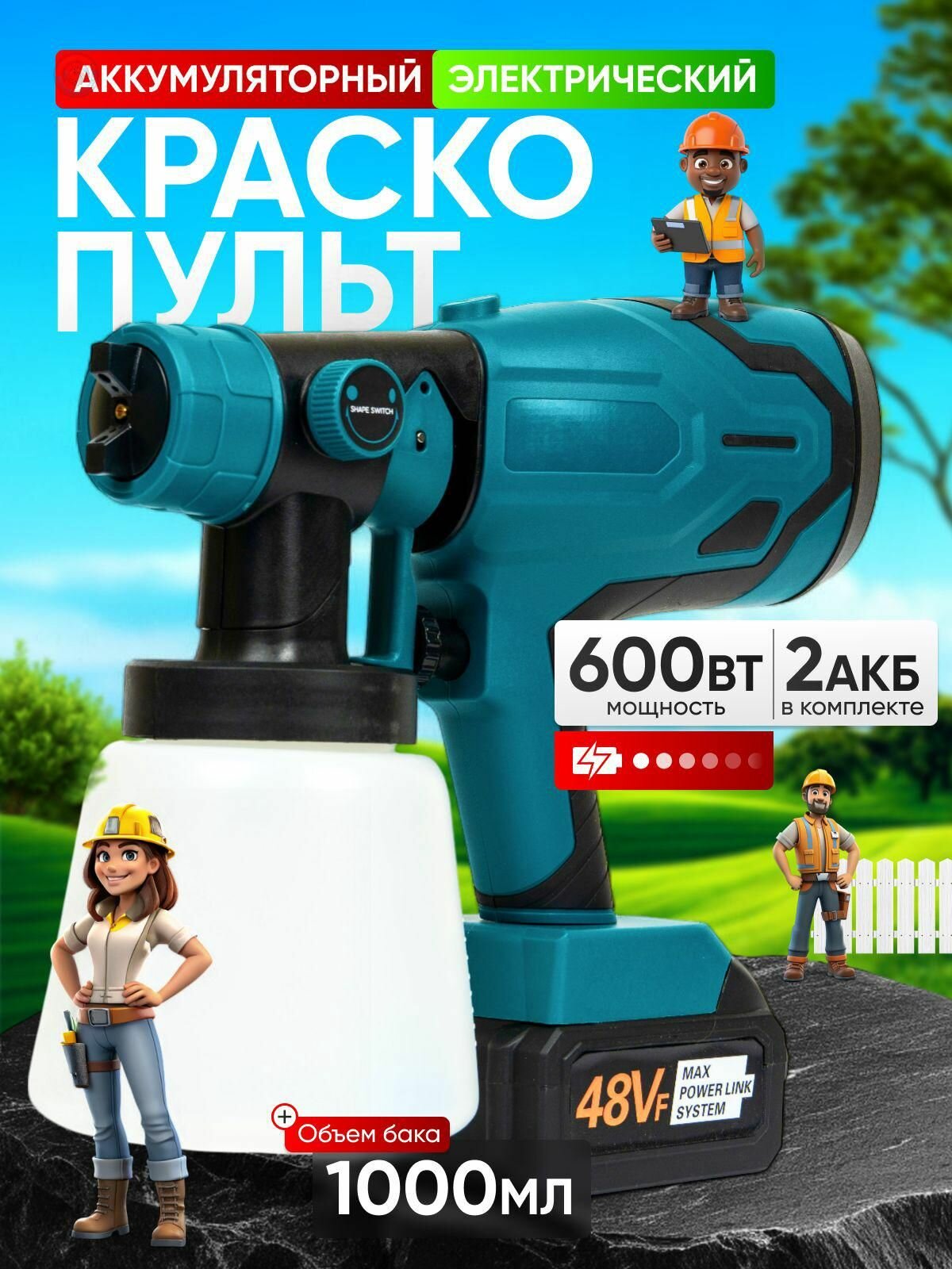 Аккумуляторный краскопульт с двумя батареями, беспроводной электрический распылитель краски для дома и строительных работ, компактный и маневренный инструмент