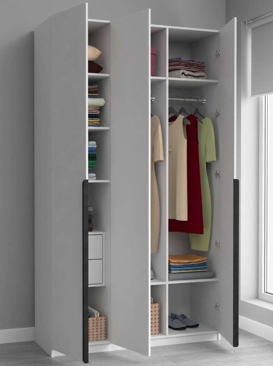 Шкаф трехстворчатый распашной Стич-35 с 2 ящиками, штангами для вешалок и полками, ШхГхВ: 135х50х240 см, белый