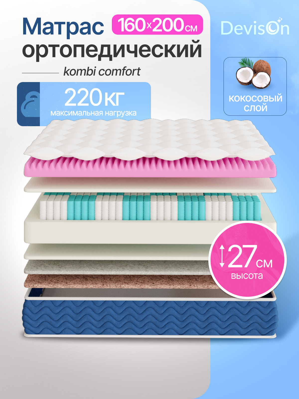 Матрас 160х200 пружинный ортопедический Devison Kombi Comfort