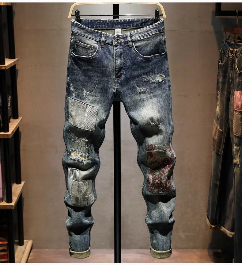 Тренд RONG CH Мужские Джинсы Новые Инс Корейские Премиум Винтаж Синие Слим Деним, Размер_33