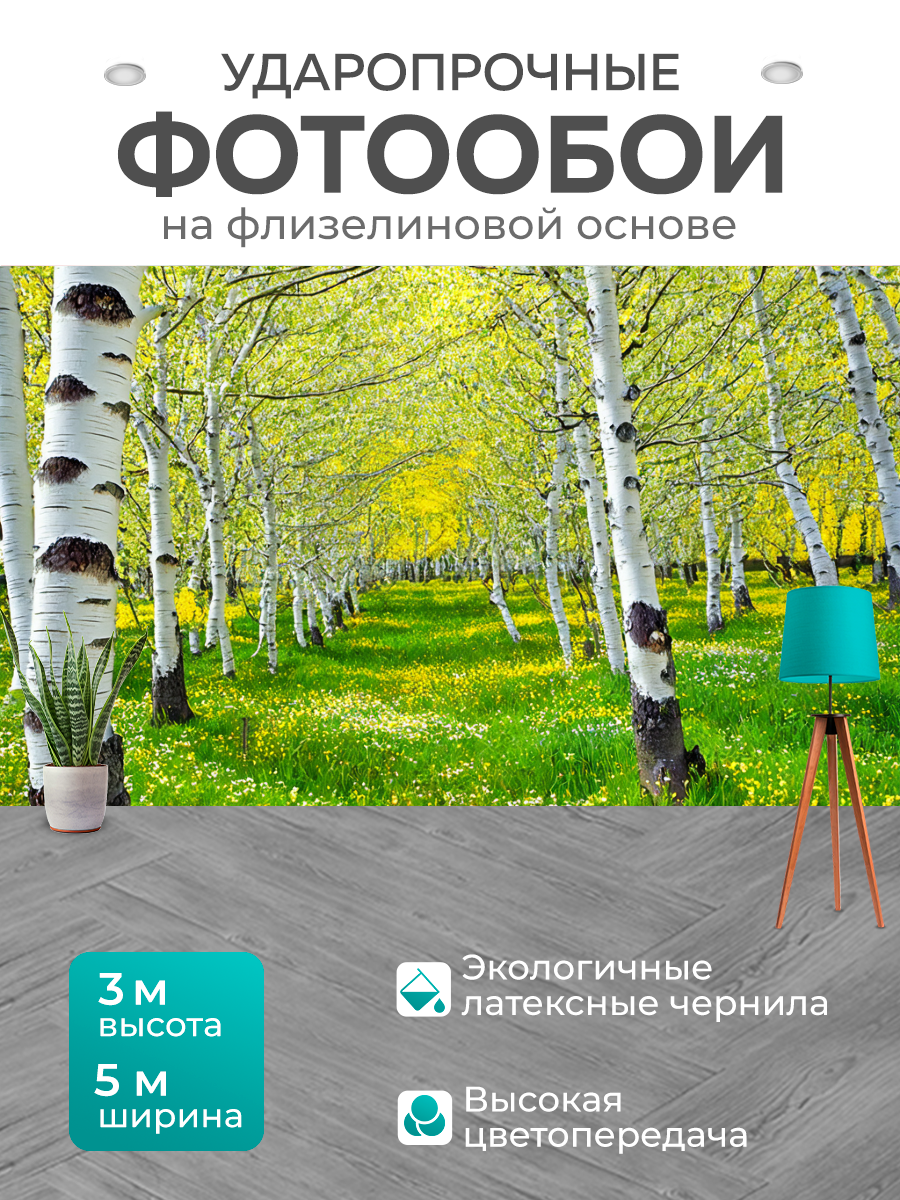 Фотообои моющиеся ударопрочные "Березовая роща с яркими цветами весны" 500x300 см. флизелиновые на стену