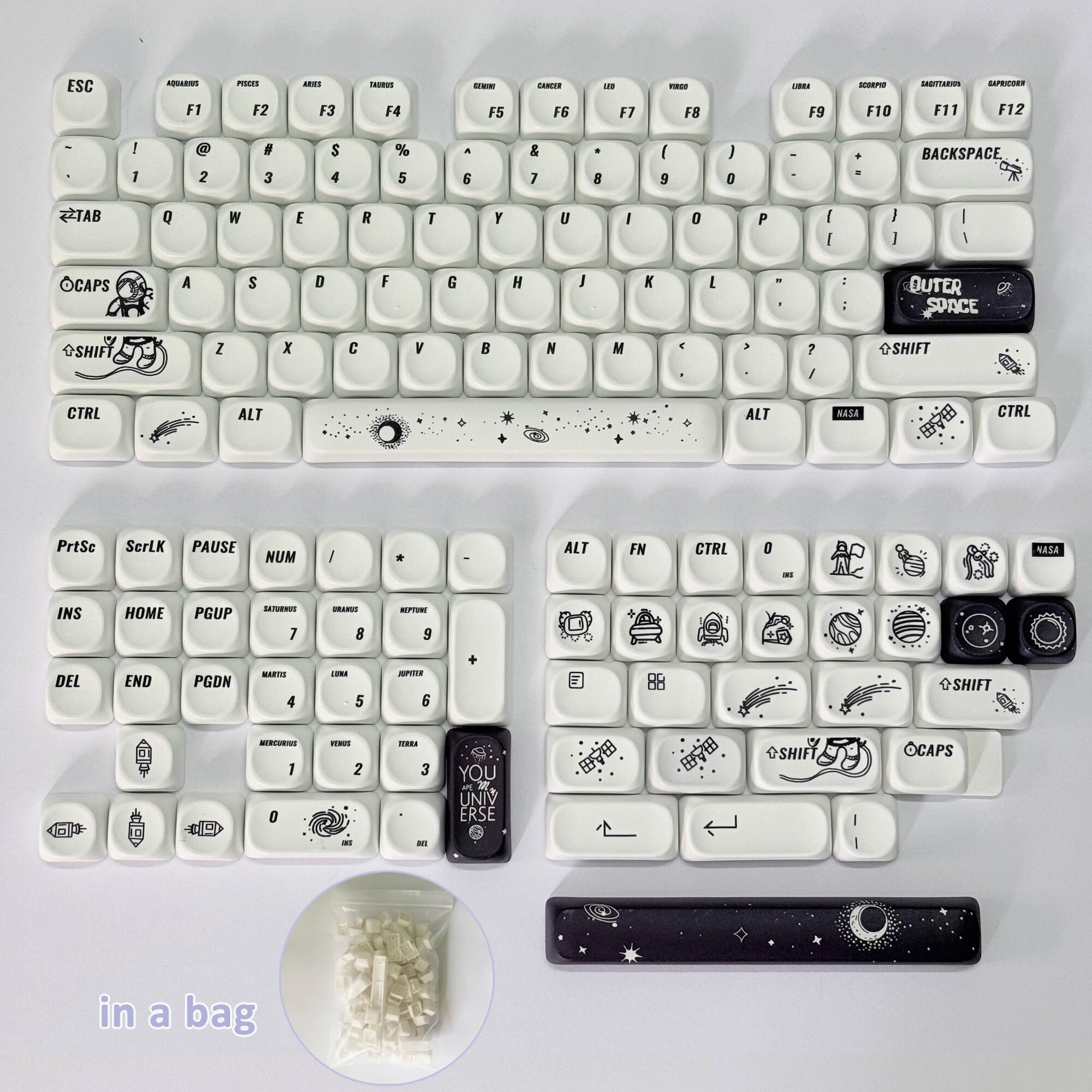 Колпачки для клавиш Space Astronaut, профиль MOA, черный, белый цвет, набор клавишных колпачков индивидуального дизайна для игровой механической клавиатуры, колпачки для клавиш PBT