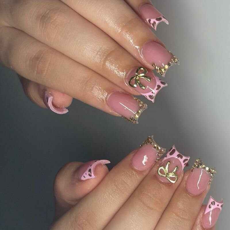 Патч для французского маникюра с леопардовым принтом и бантом горячая девушка носит поддельный набор ногтей