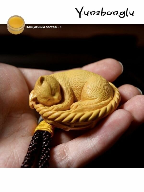 Yunzhonglu статуя кошки, Натуральная древесина, Самшит, Резьба по дереву, Ручная резьба, Произведение искусства