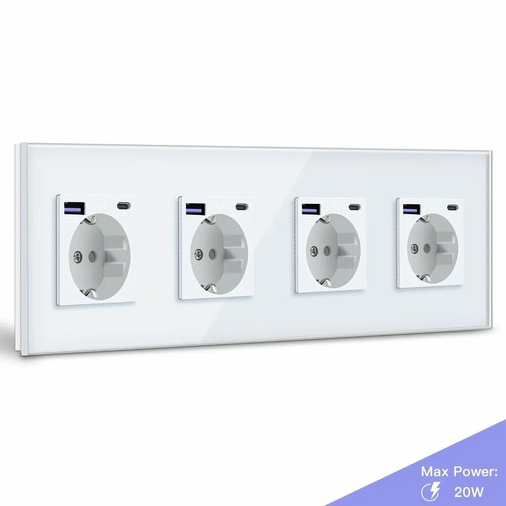 Розетка электрическая 4 постов с USB и type-C входами, быстрая зарядка 20W, рамка закаленное стекло Белая
