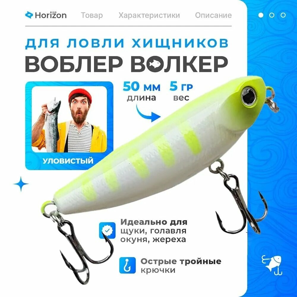 Воблер волкер для рыбалки на жереха, щуку, голавля, окуня 50мм 5гр / Рыболовная поверхностная приманка на хищника для спиннинга уолкер
