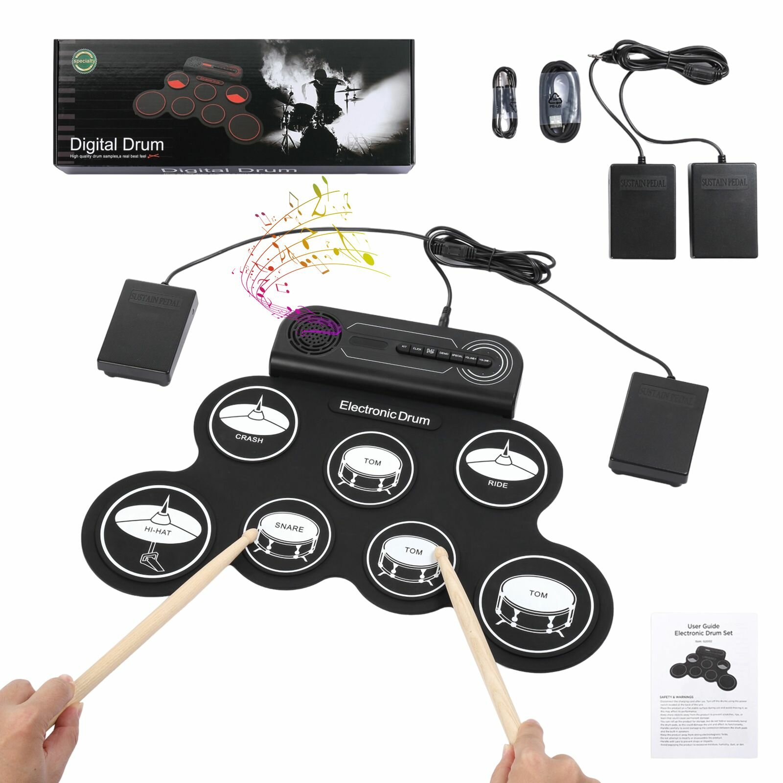 Электронные барабаны для начинающих с регулировкой громкости, цвет черный с узором