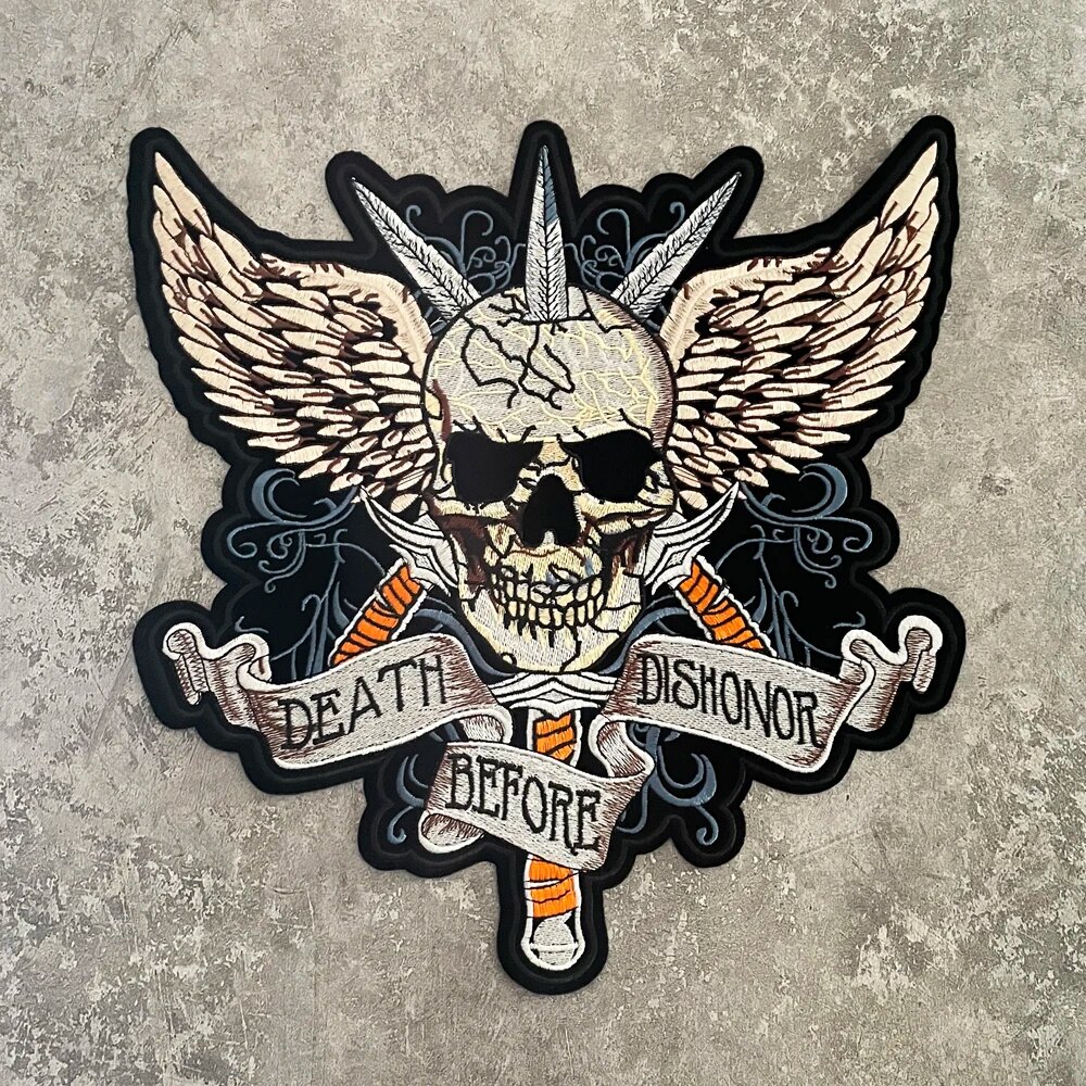 Патч вышитый "Death Before Dishonor" серый, 30x28.5 см