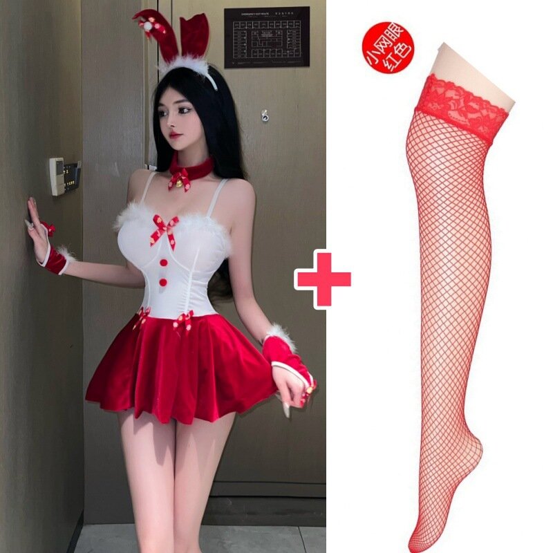 Сексуальный костюм зайчика для ролевых игр на Рождество, снимать не нужно. Рождественский зайчик + красные чулки в сеточку.