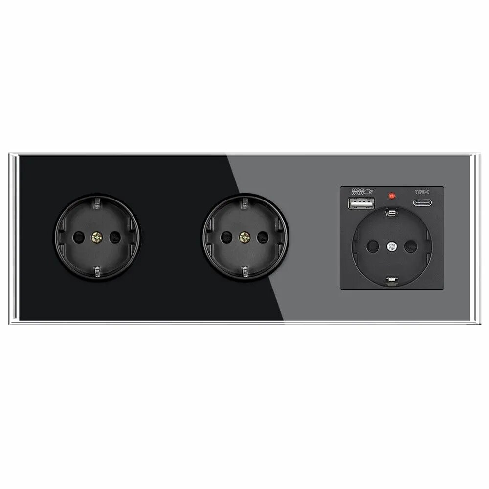 Розетка тройная с usb, с заземлением, встраиваемая розетка, Рама из закаленного стекла черный
