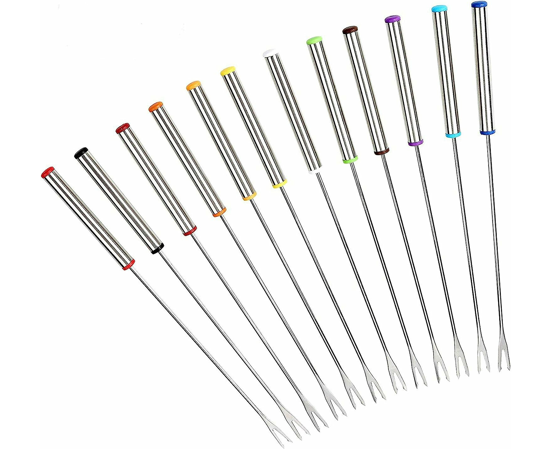 Вилки для фондю из нержавеющей стали (набор из 12 штук), 6 цветов, длина 24 см, для жареных маршмэллоу, фруктов, шоколадного фонтана, сыра, с термостойким ручком