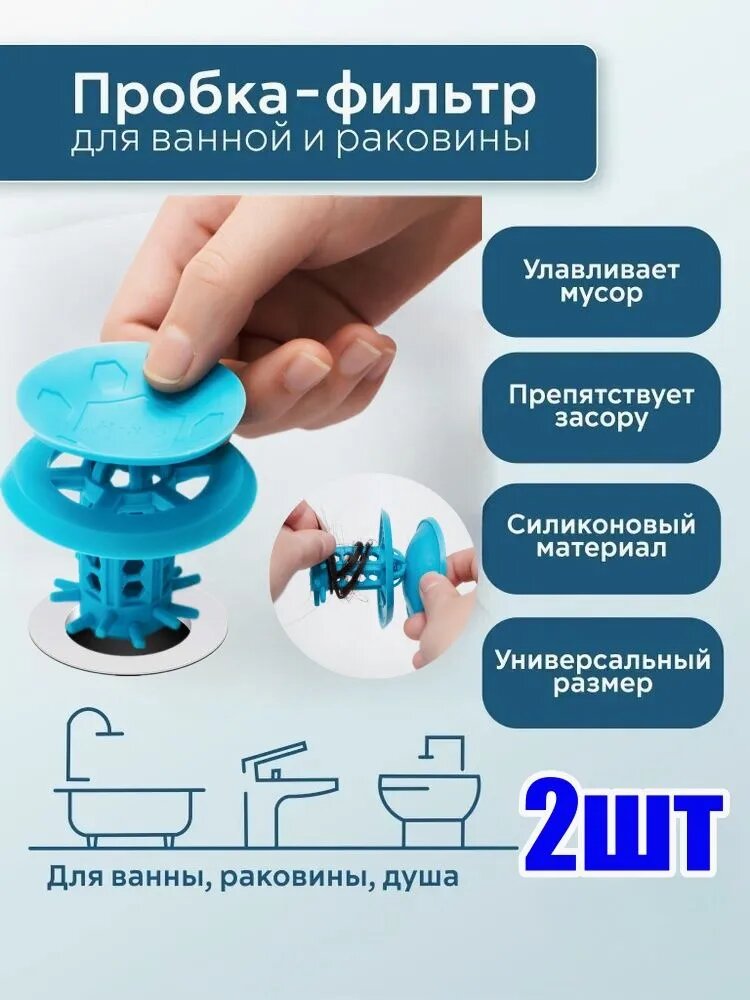 Пробка для ванны, раковины, слива, душа и кухни, универсальная заглушка, пробка фильтр сливная, затычка для ванны, силиконовая синяя2 шт