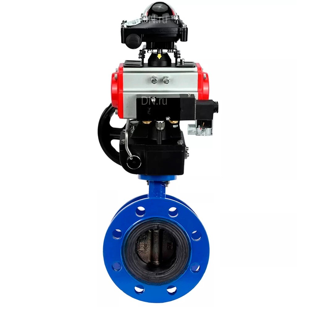 Затвор дисковый поворотный DN. ru GGG40-304-EPDM-2W-F-H Ду125 Ру16 корпус - чугун GGG40, диск - нерж. сталь 304, EPDM, с пневмоприводом DA-130, пневмораспределителем PND2-S1EM-52-1NC-J08-24VDC, БКВ LSB-210-02NM12-220/24 и ручным дублером HDM-3