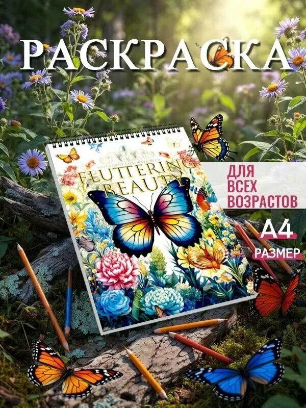 Раскраска Бабочки 24 страницы A027 - А4 120 г/м , подарок для расслабления всех возрастов