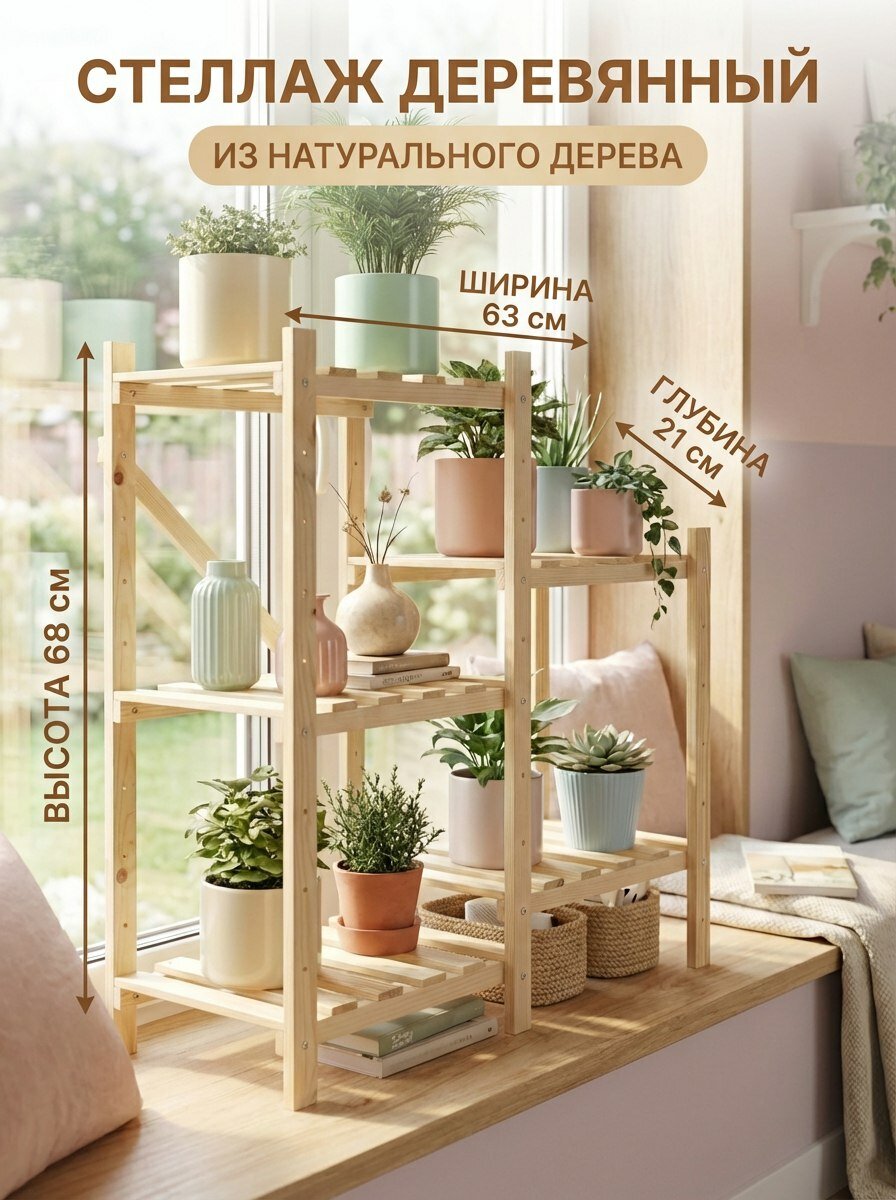 Стеллаж деревянный для дома 68х63х23 см / Этажерка деревянная на 5 полок