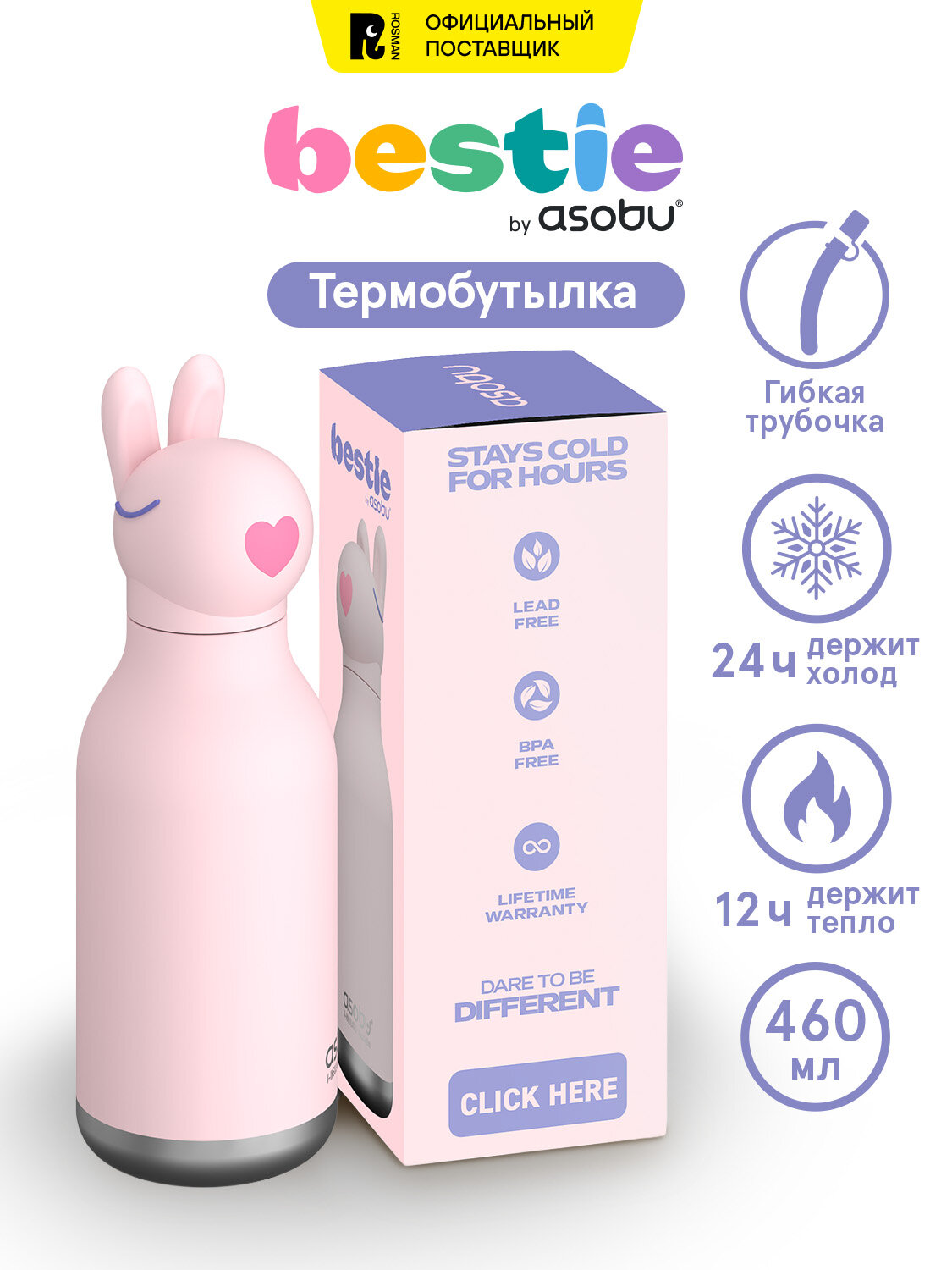 Термобутылка для воды с трубочкой Asobu Bestie Кролик, для холодных и горячих напитков, 460 мл
