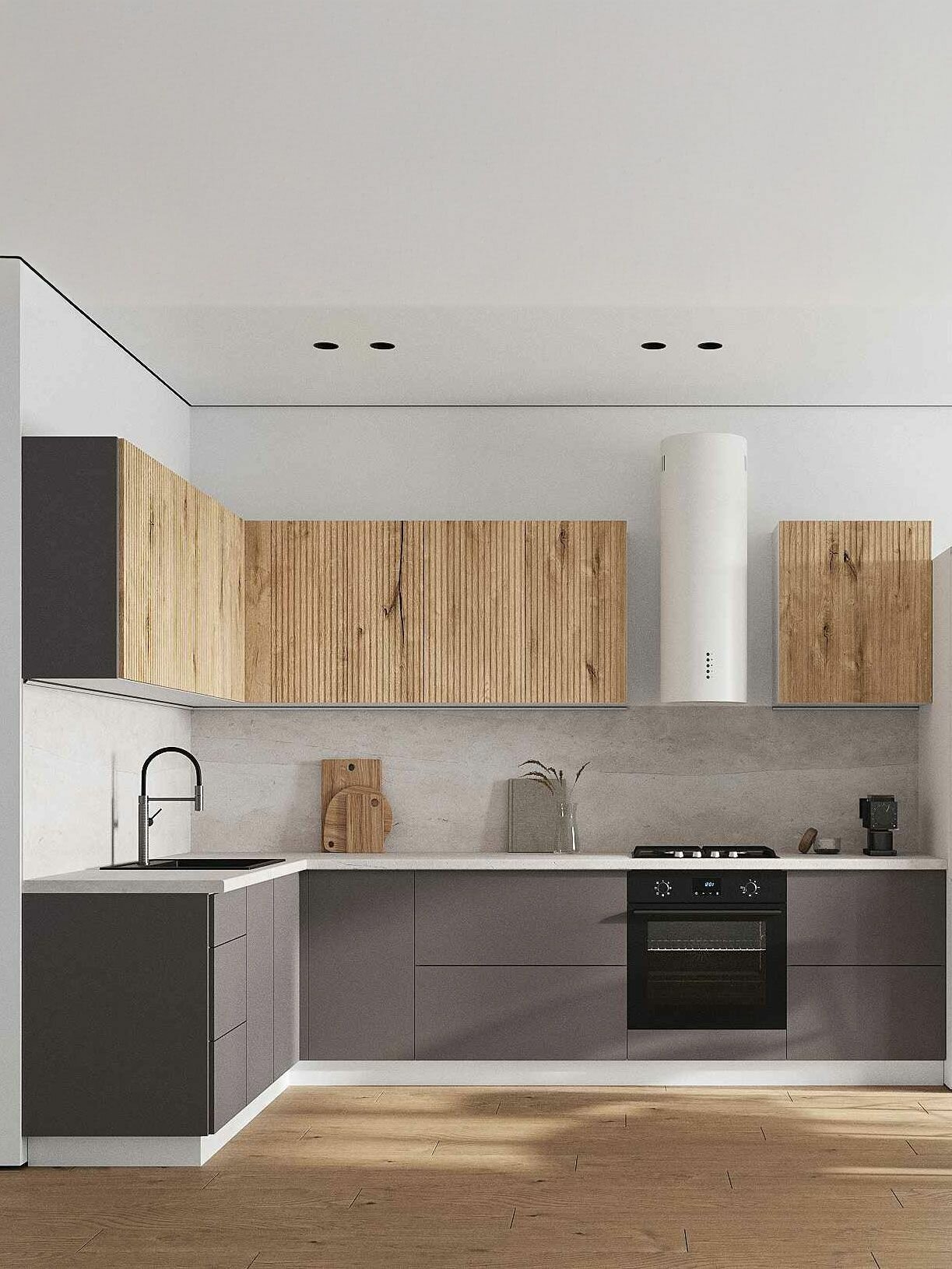 Кухонный гарнитур угловой Комби 3.0х1.8 м, мебель для дома и кухни, Белый / Дуб Торонто / Грей