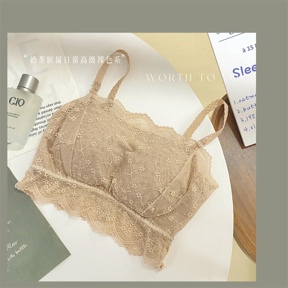Бесшовный летний тонкий кружевной бюстгальтер с милым задним обертыванием, интегрированный латексный чашечный бюстгальтер для защиты от обнажения, пуш-ап для маленькой груди