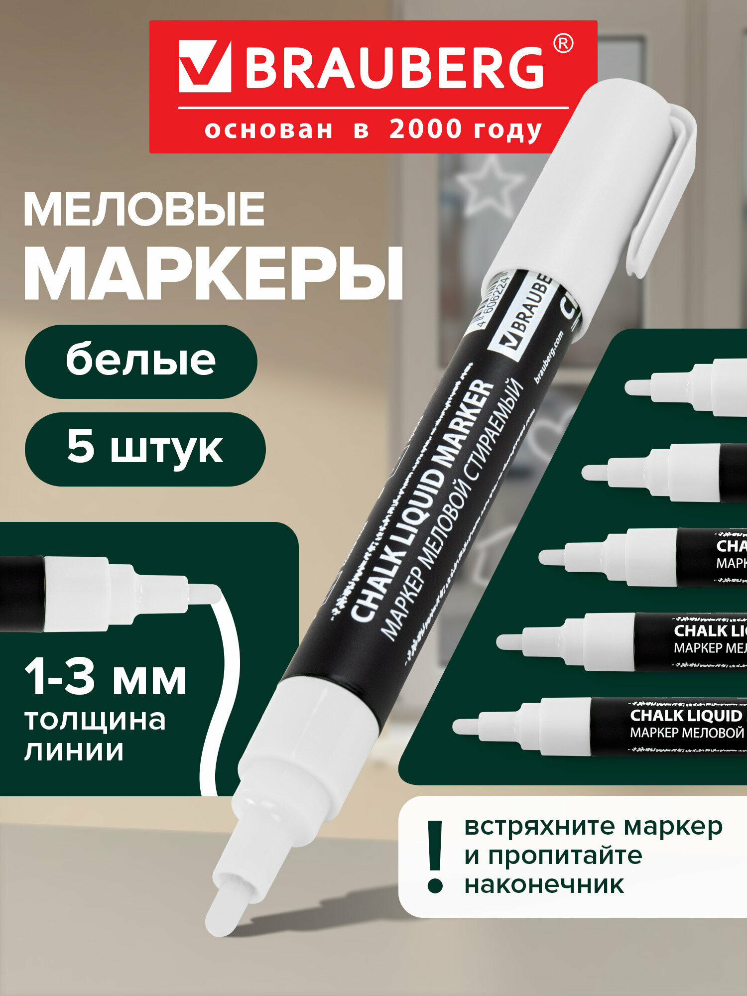 Меловые маркеры для школьной доски стираемые набор 5 шт, фломастеры для рисования, 3 мм, белые, Brauberg Chalk, 152596