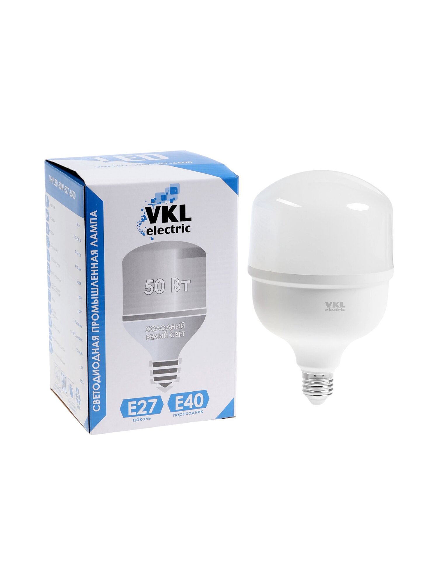 Лампа светодиодная VKL Electric, бочка, 50 Вт, E27, переходник Е40, 4750 лм, 6500K, IP20, 118×186 мм