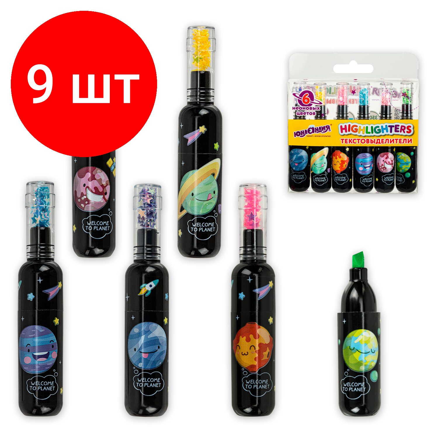 Комплект 9 шт, Набор текстовыделителей 6 неоновых цветов, юнландия "космос", линия 1-5 мм, 152512
