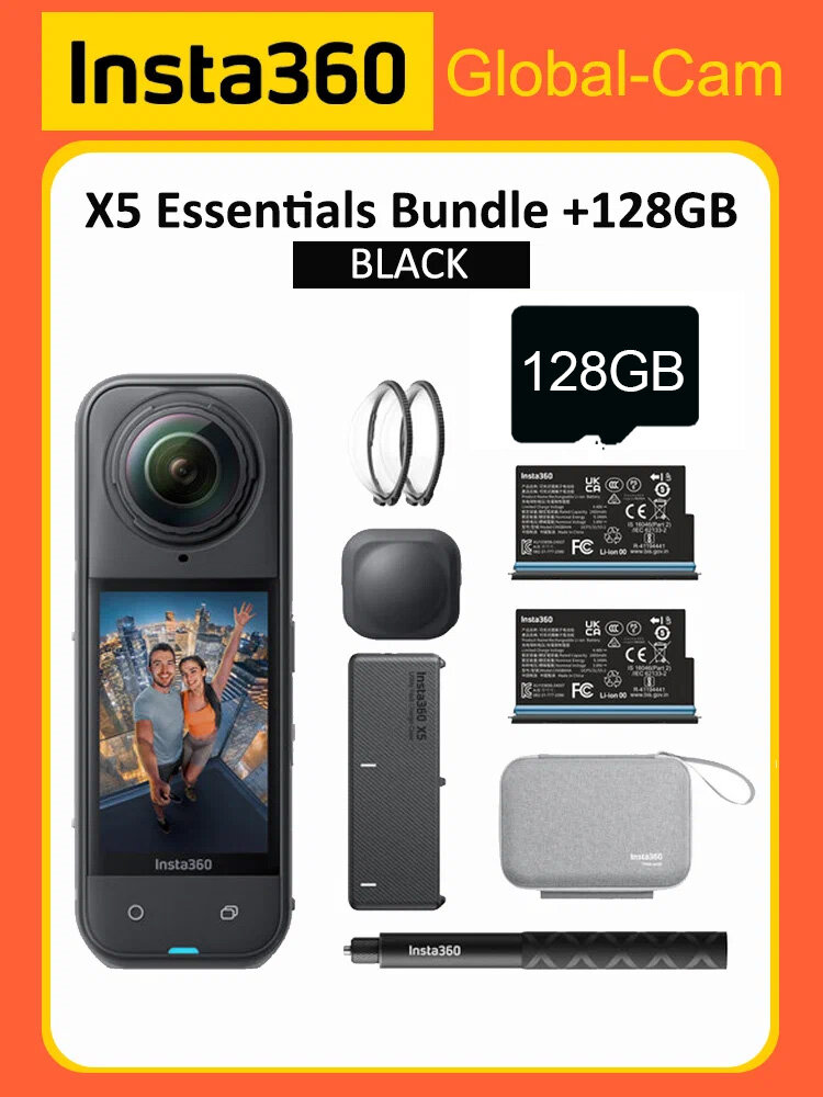 Экшн-камера Insta360 X5 Essentials Bundle с картой памяти 128 ГБ, водонепроницаемая, 360° 8К, 72 МП, 4К60 fps, HDR