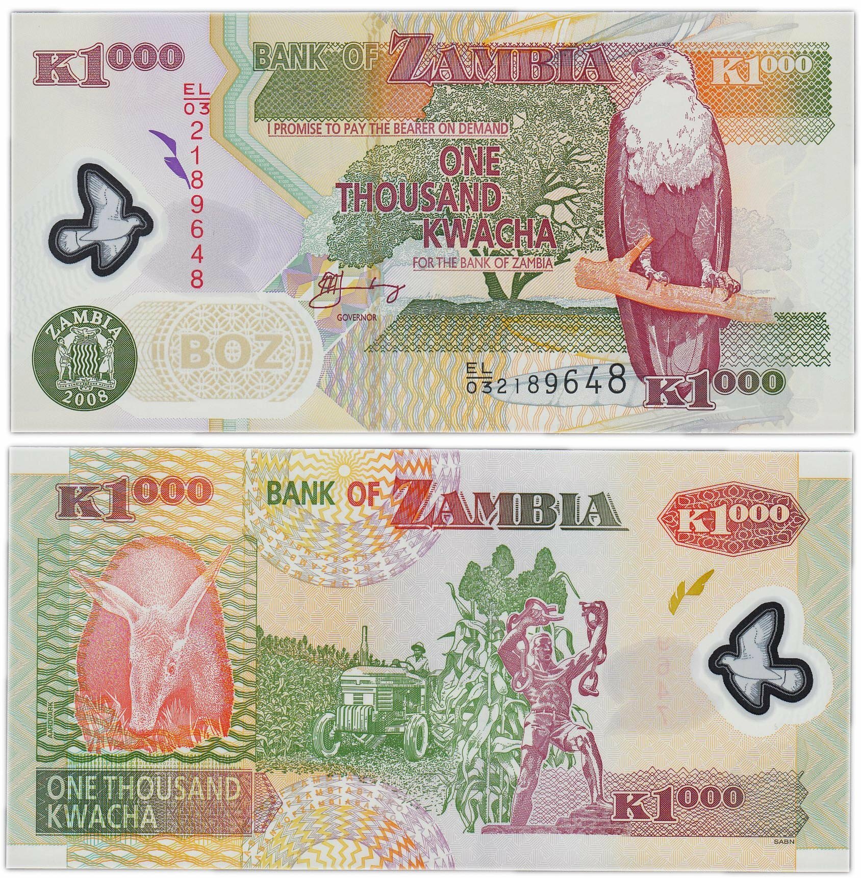 Замбия 1000 квача 2008 "Трубкозуб, памятник Свободы Лусака Трактор" Pick 44f полимер