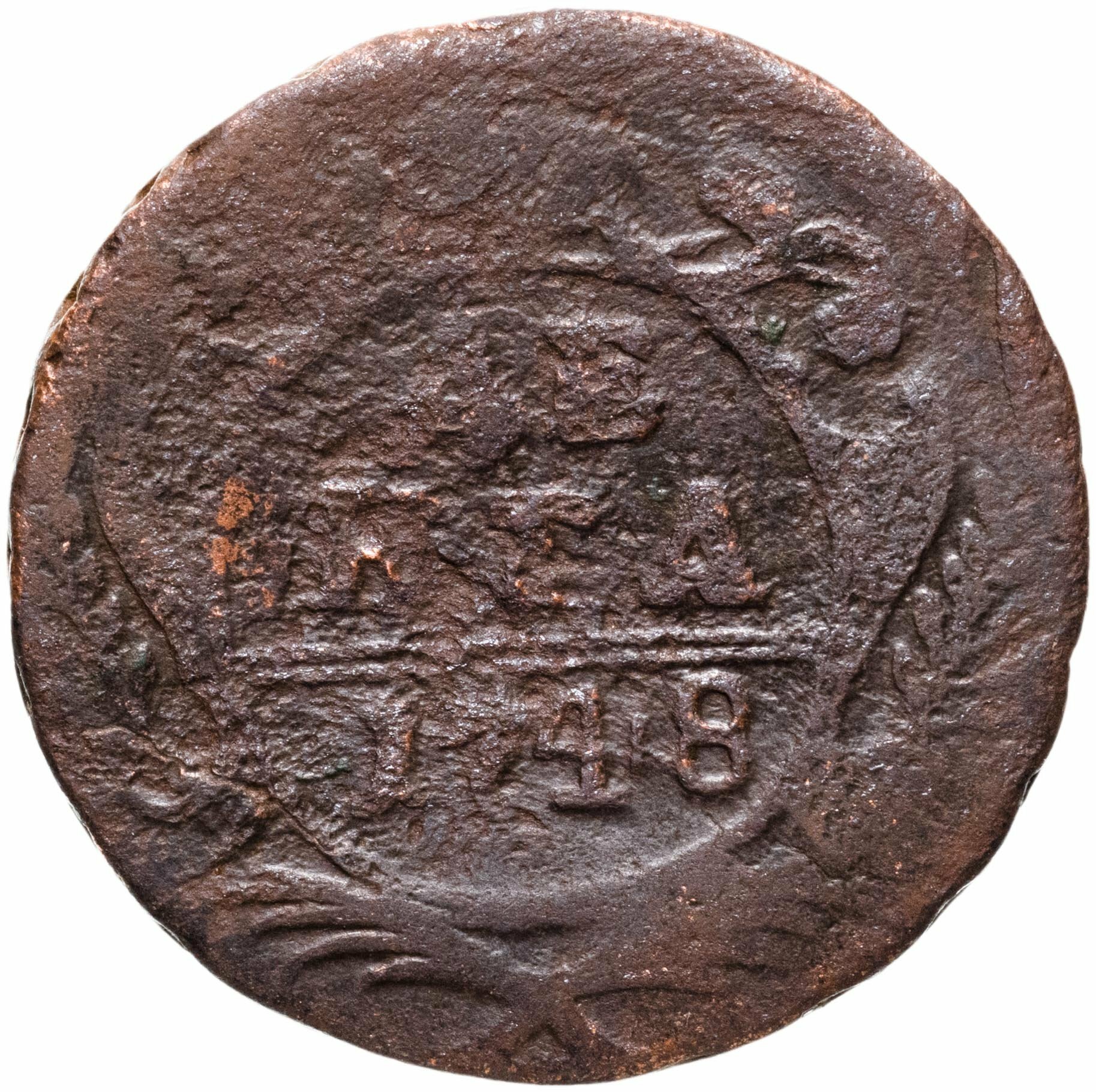 Денга 1748 в крыле 15 перьев, Медь, в сохранности F