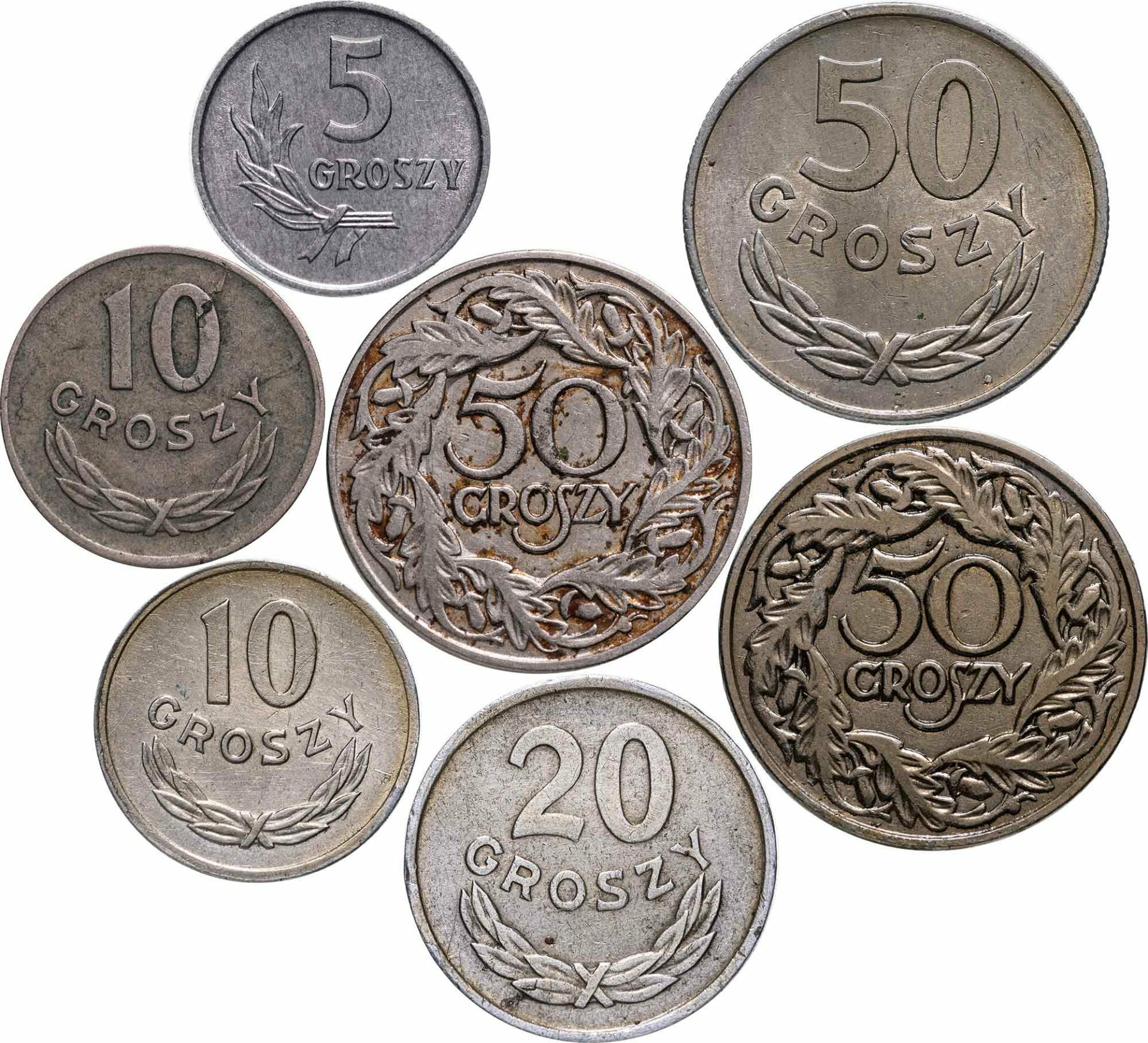 Польша набор из 7 монет 5-50 грошей 1923-1975, Никель, в сохранности XF-AU