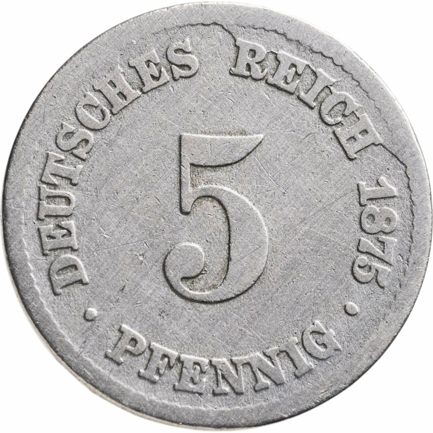 Германия 5 пфеннигов pfennig 1875, знак монетного двора: "C", Мельхиор медь-никель, в сохранности F-VF