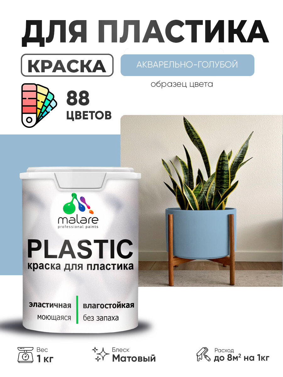 Акриловая краска для пластика Malare Plastic для пенопласта ПВХ сайдинга, для подоконников и откосов, быстросохнущая без запаха, матовая, акварельно-голубой, 1 кг