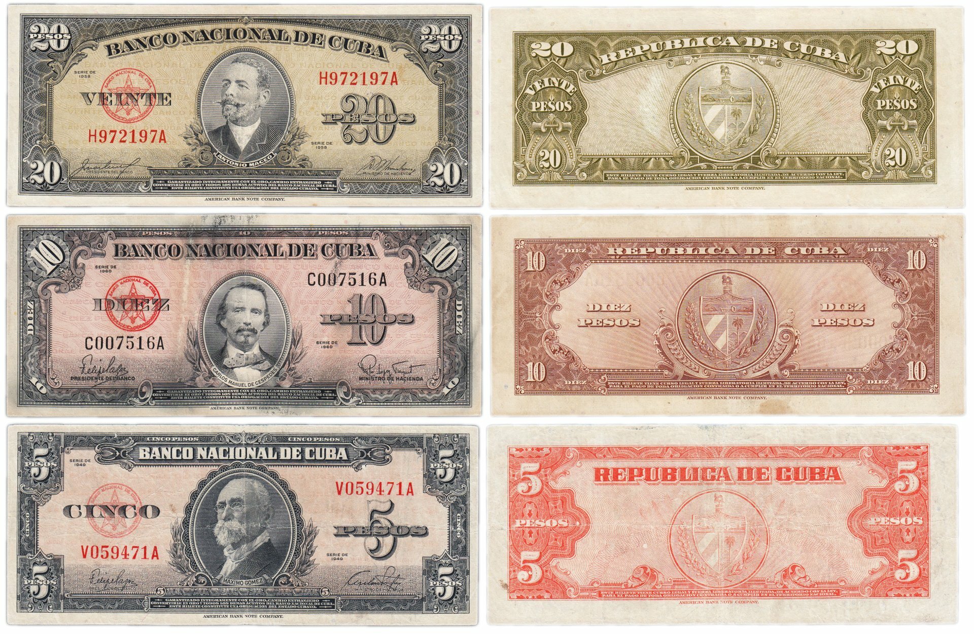 Куба набор из 3 банкнот 5, 10, 20 песо 1949, 1958, 1960