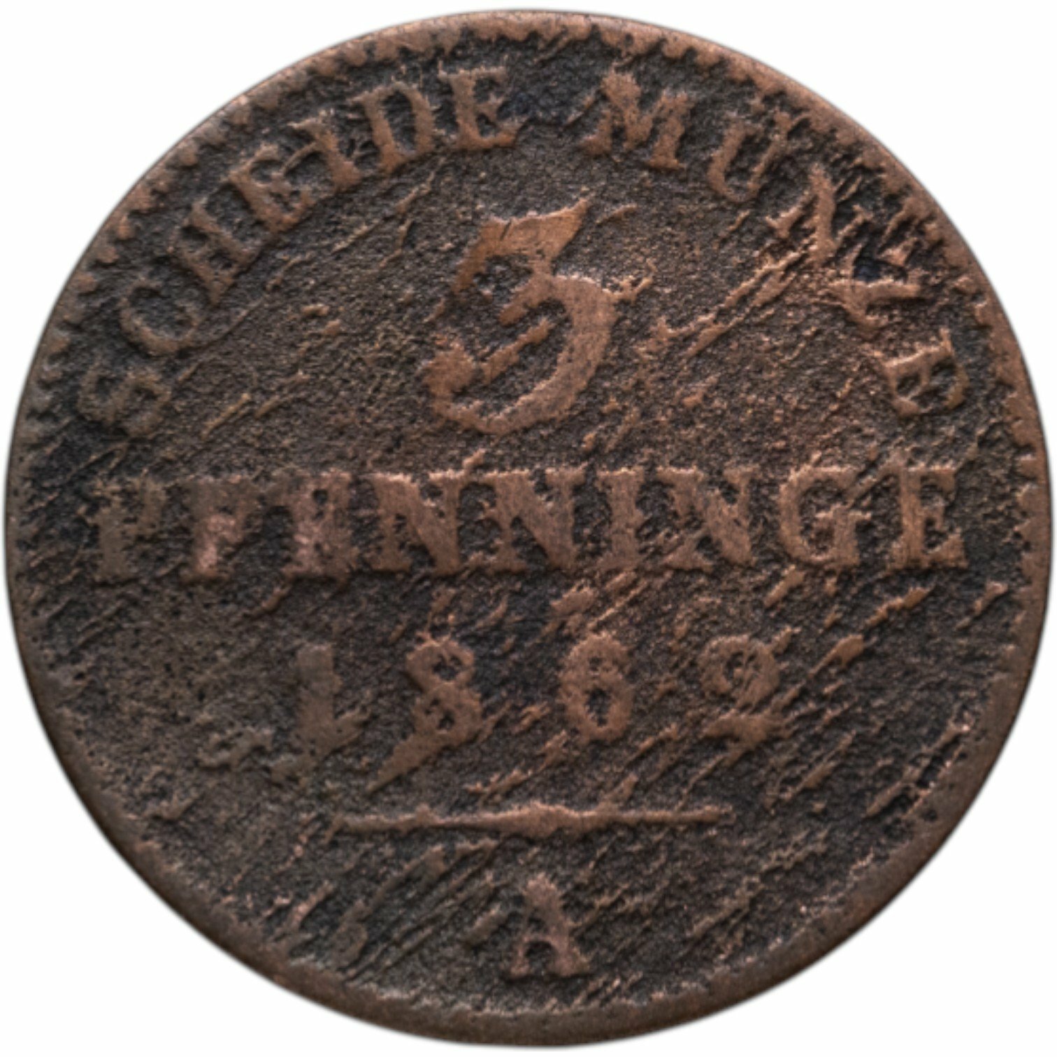 Пруссия 3 пфеннига 1862 А, Медь, в сохранности VG