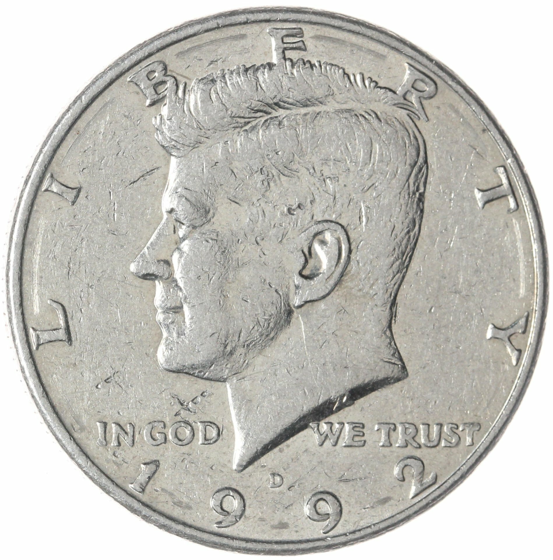 США 50 центов 1/2 доллара, half dollar 1992 D Kennedy Half Dollar, Медь, в сохранности VF-XF