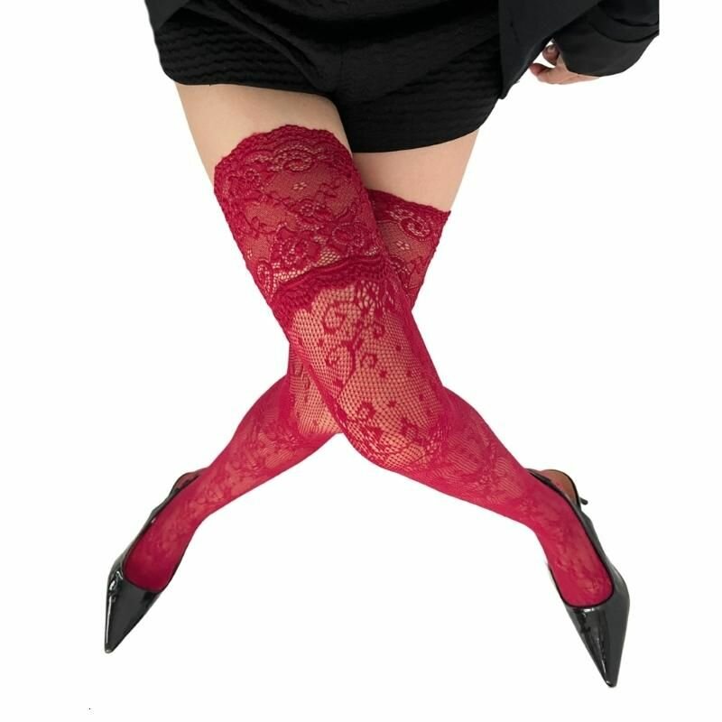 Винтажные кружевные чулки до колена с цветочным узором, Вино красное