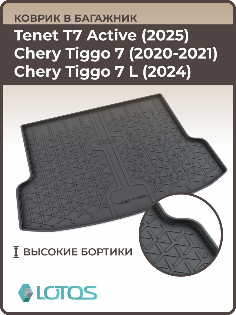 Коврик в багажник 3D для Chery Tiggo 7, 2020-2021, 7L, 2024, докатка, Tenet T7 Active, 2025, коврики автомобильные 3Д Чери (черри) Тигго 7, 7 Л мягкая резина, Тенет Т7 Актив