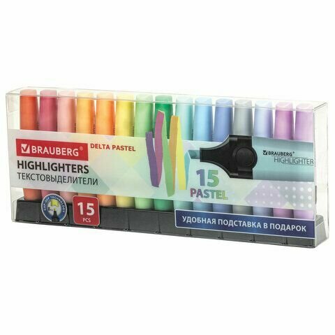 Набор текстовыделителей 15 пастельных цветов на подставке, BRAUBERG "DELTA PASTEL", линия 1-5 мм, 152507