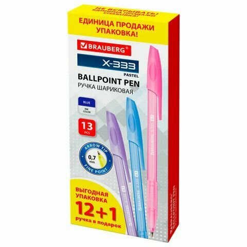 6 шт. Ручка шариковая BRAUBERG "X-333 PASTEL", 12+1 В подарок, синяя, комплект 13 шт, узел 0,7 мм, линия письма 0,35 мм, 144249